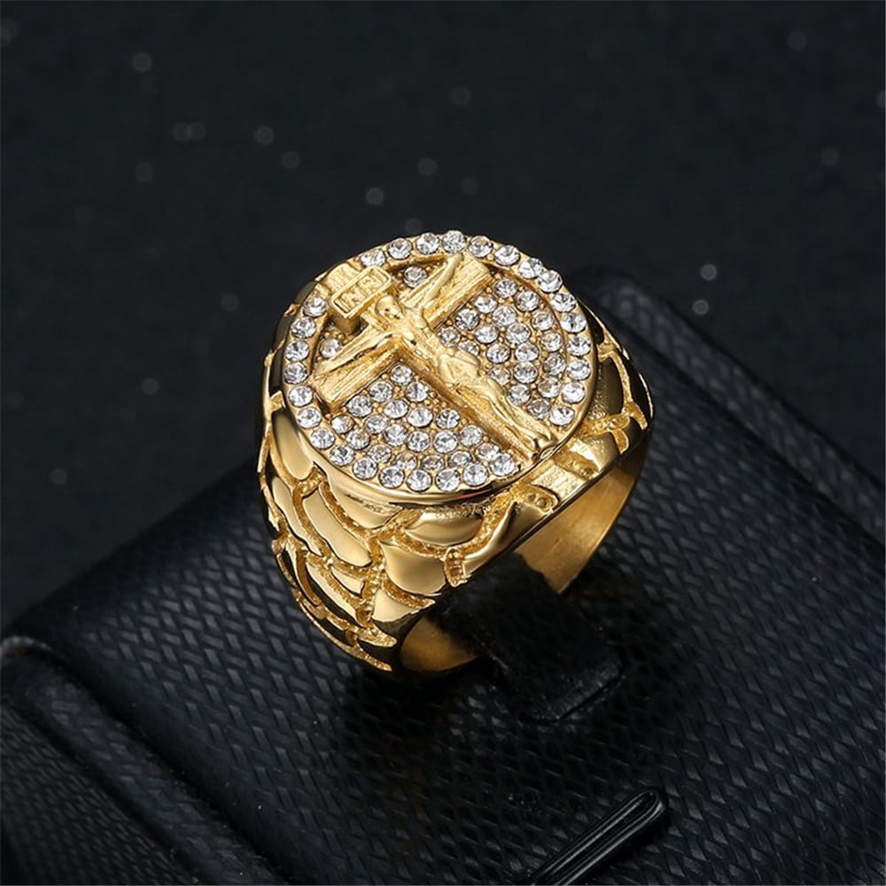Hip Hop Iced Out Bling Big Jesus Cross Ring Male 14K Yellow Gold ...