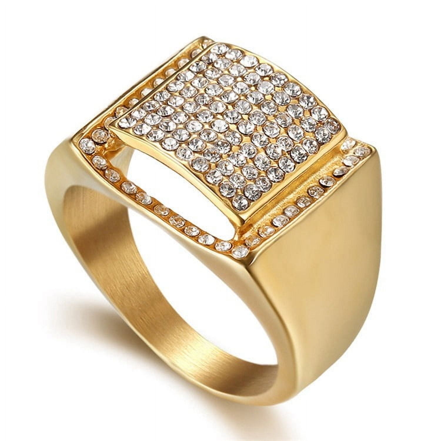 Hip Hop Iced Out Bling Big Ring Male 14K Yellow Gold Zirconia Square ...