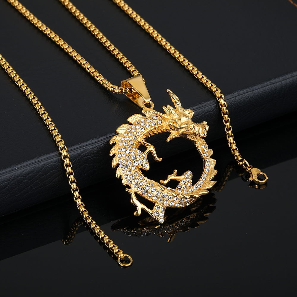 Hip Hop Iced Out Bling Dragon Pendant Statement Male 14K Yellow Gold ...