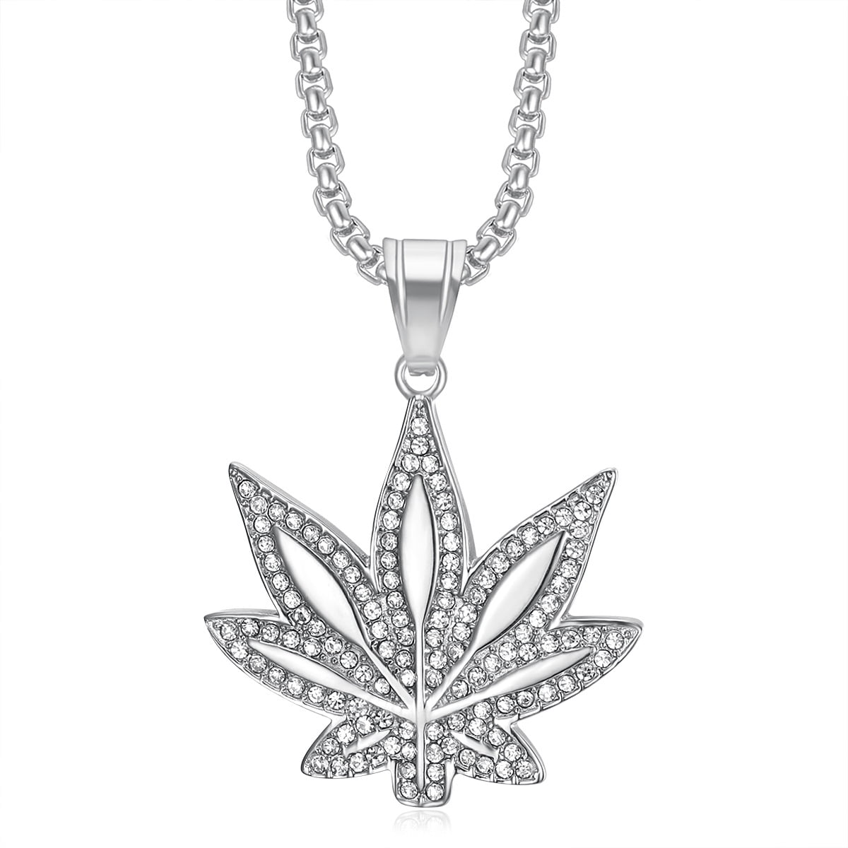 Hip Hop Iced Out Bling Hemp Leaf Pendant Necklaces Male 14K Yellow Gold ...