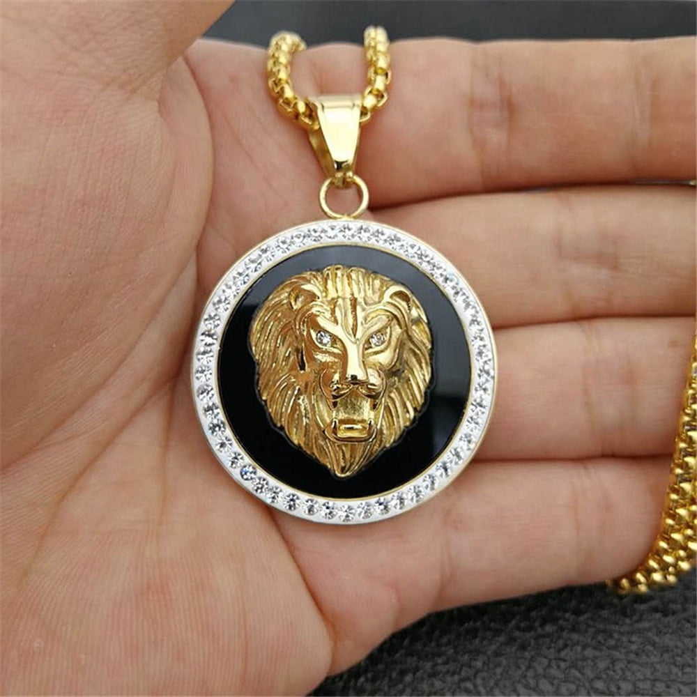 Hip Hop Iced Out Bling Lion Head Pendants Male 14K Yellow Gold Animal ...