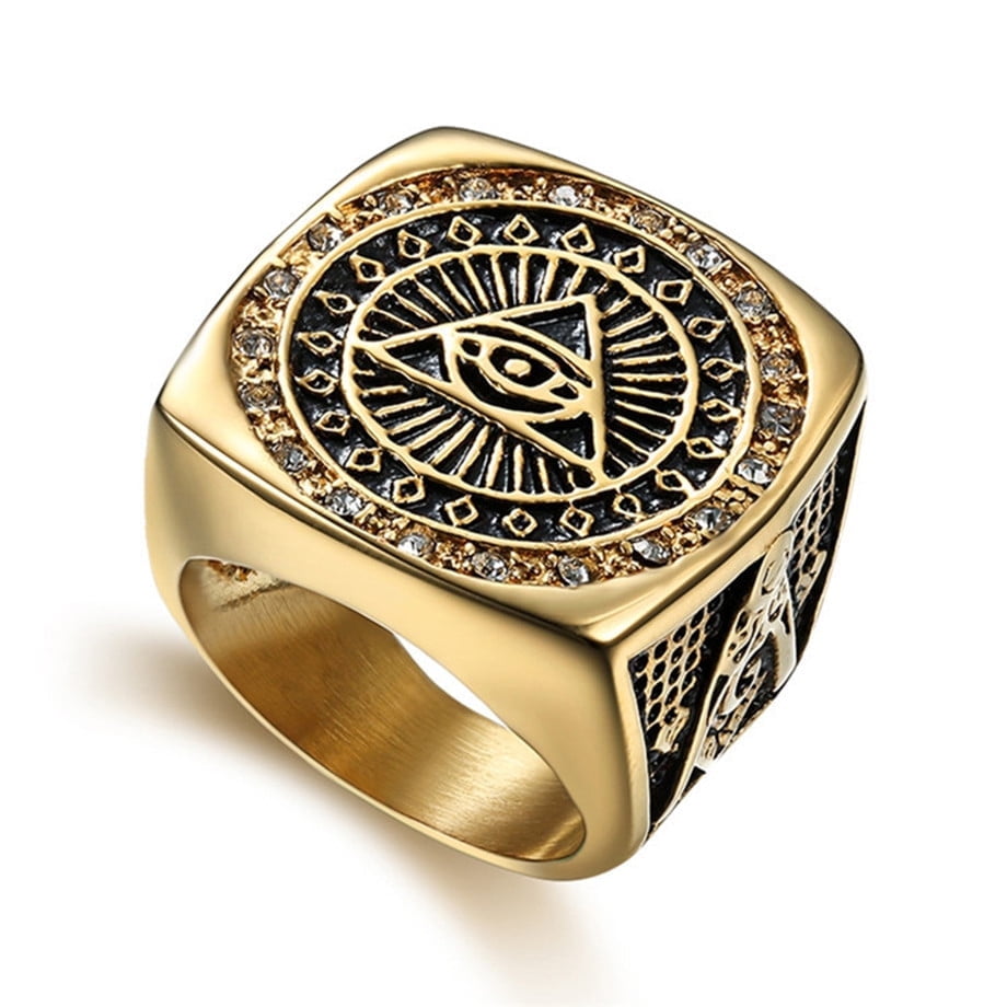 Hip Hop Iced Out Bling Masonic Ring Male 14K Yellow Gold All Seeing Eye ...