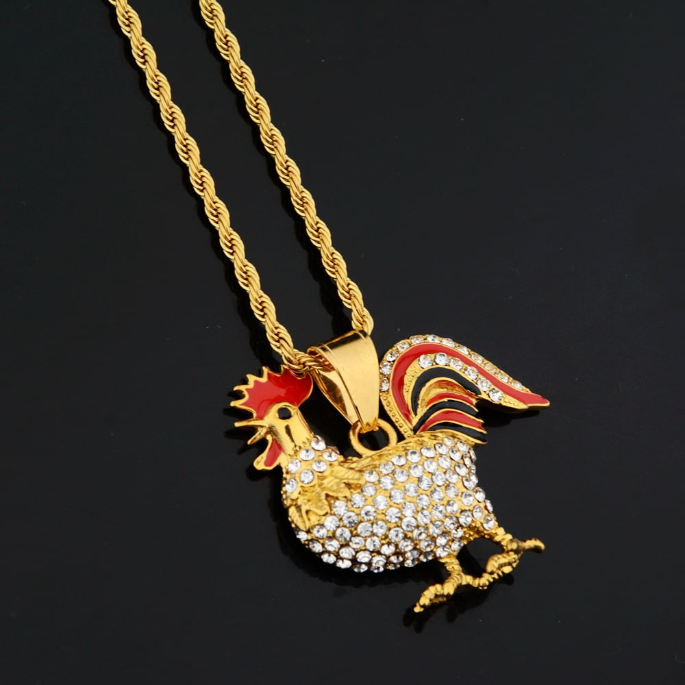 Hip Hop Iced Out Bling Rooster Pendant Necklace 14K Yellow Gold Chains ...