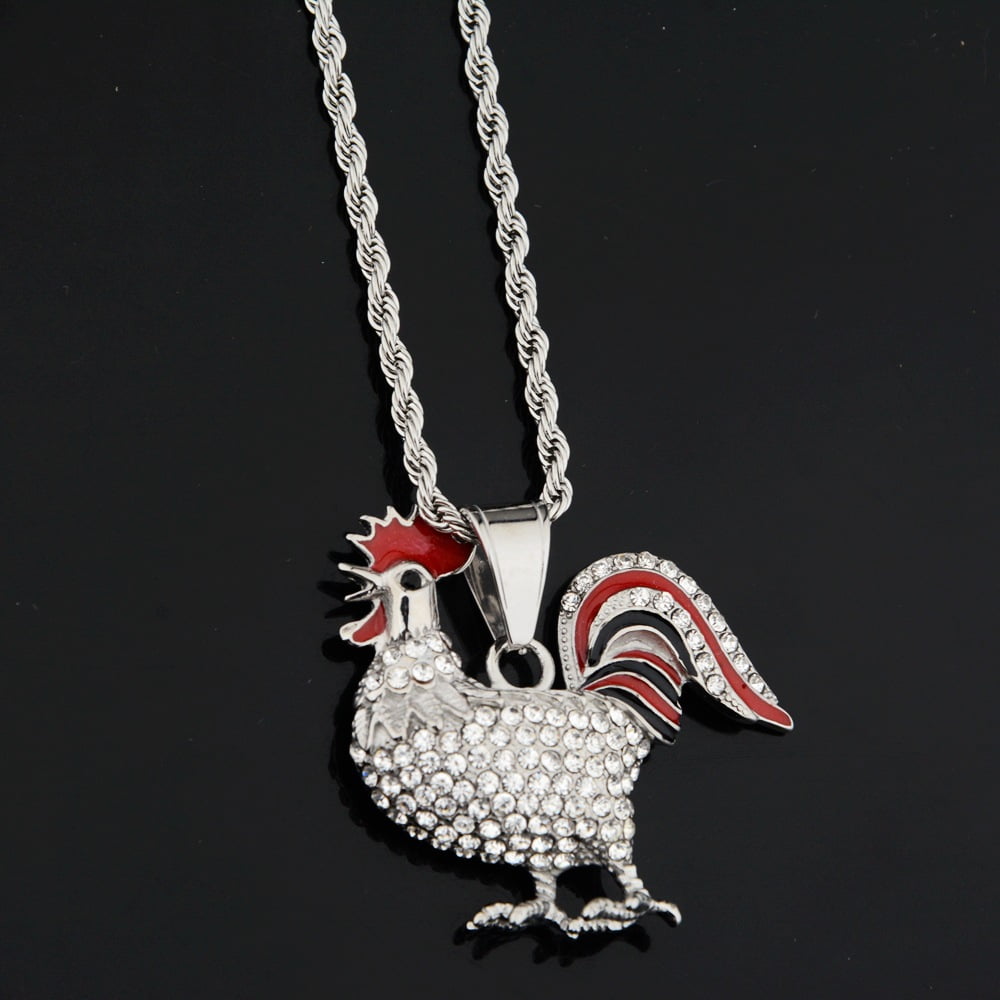 Hip Hop Iced Out Bling Rooster Pendant Necklace 14K Yellow Gold Chains ...