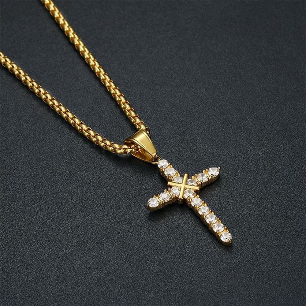 Hip Hop Iced Out Bling Small Cross Pendant 14K Yellow Gold Christian ...