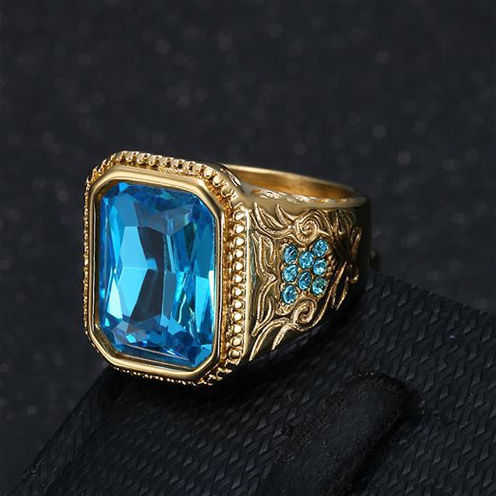 Hip Hop Iced Out Blue Square Ring Male 14K Yellow Gold Big Rapper Rings ...