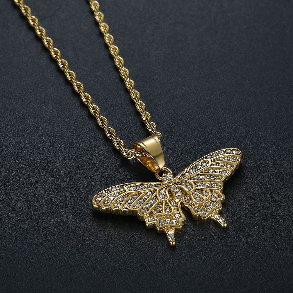 Hip Hop Iced Out Butterfly Pendant Necklace Male 14K Yellow Gold Chains ...
