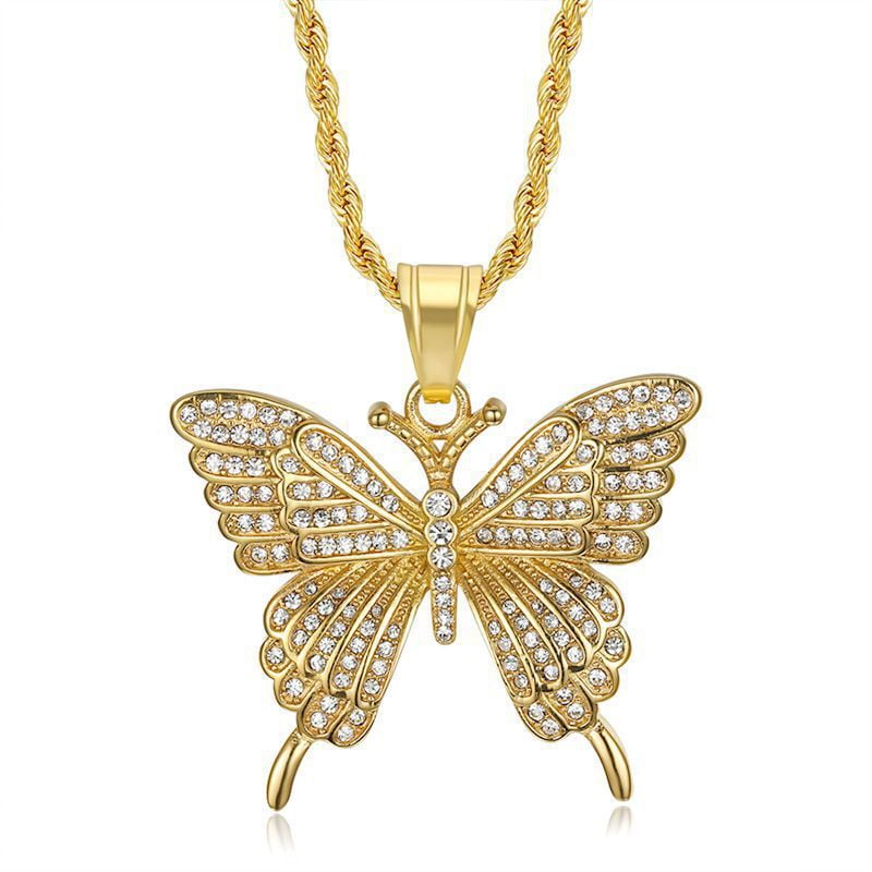 Hip Hop Iced Out Butterfly Pendant Necklace Male Golden Color 14K ...