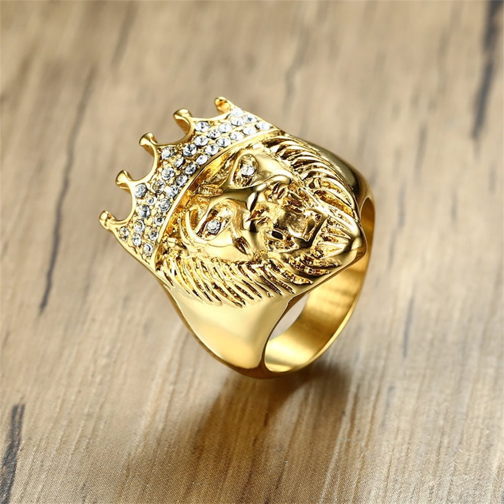 Hip Hop Iced Out Crown Lion Ring Male 14K Yellow Gold Big Rapper Rings ...