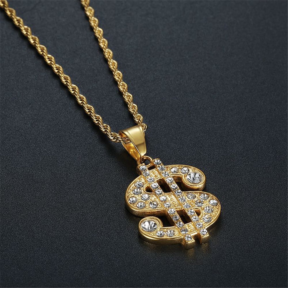 Hip Hop Iced Out Dollar Sign Pendant Necklace Male 14K Yellow Gold ...