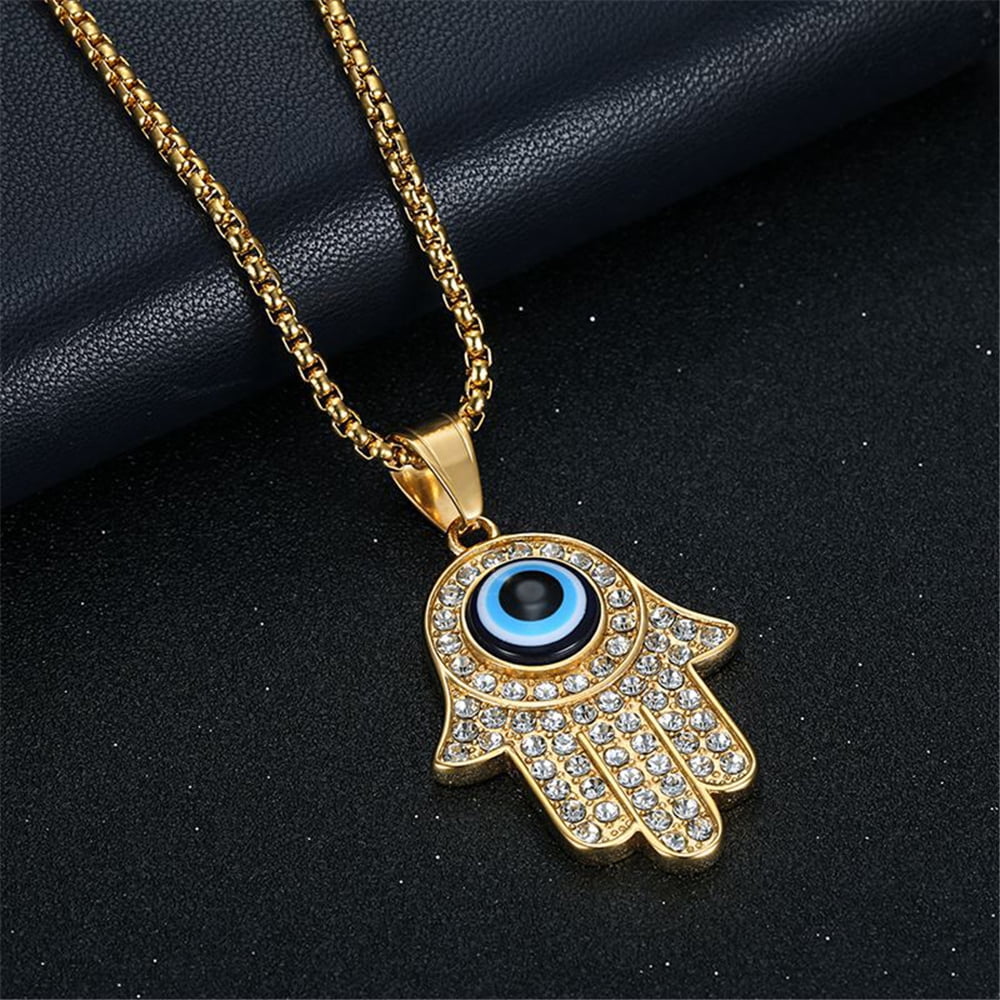 Hip Hop Iced Out Evil Eye Pendant 14K Yellow Gold Hasma Hand of Fatima ...