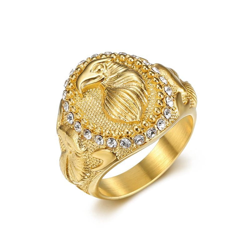 Hip Hop Iced Out Hawk Eagle Ring Male 14K Yellow Gold Big Rapper Rings ...