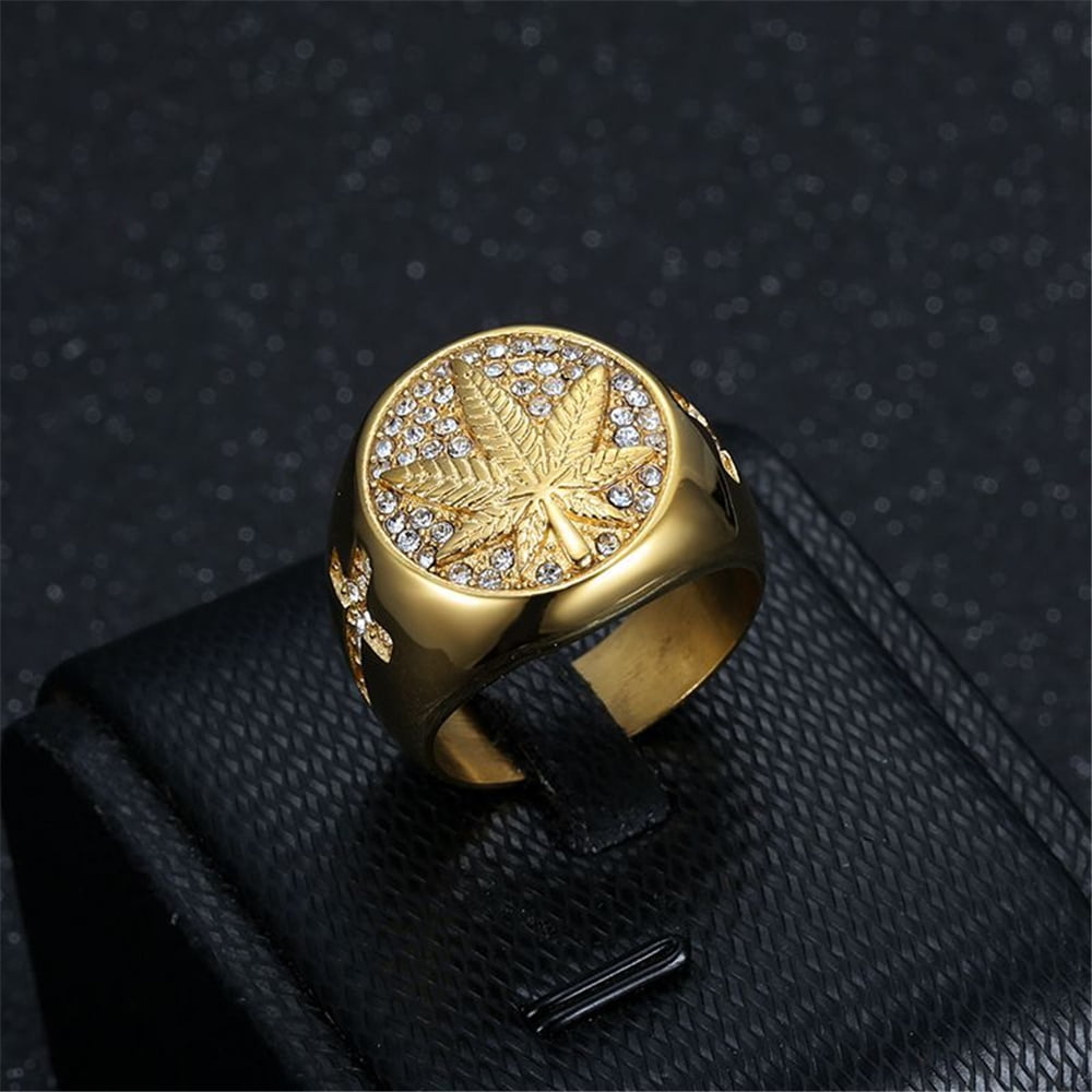 Hip Hop Iced Out Hemp Leaf Ring 14K Yellow Gold Cool Rings For Men ...