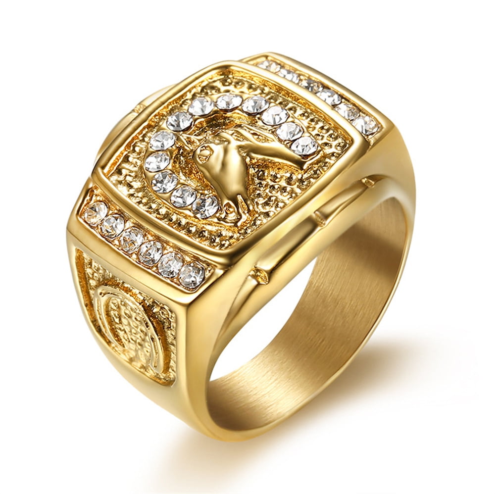 Hip Hop Iced Out Horse Head Ring Male 14K Yellow Gold Big Rapper Rings ...