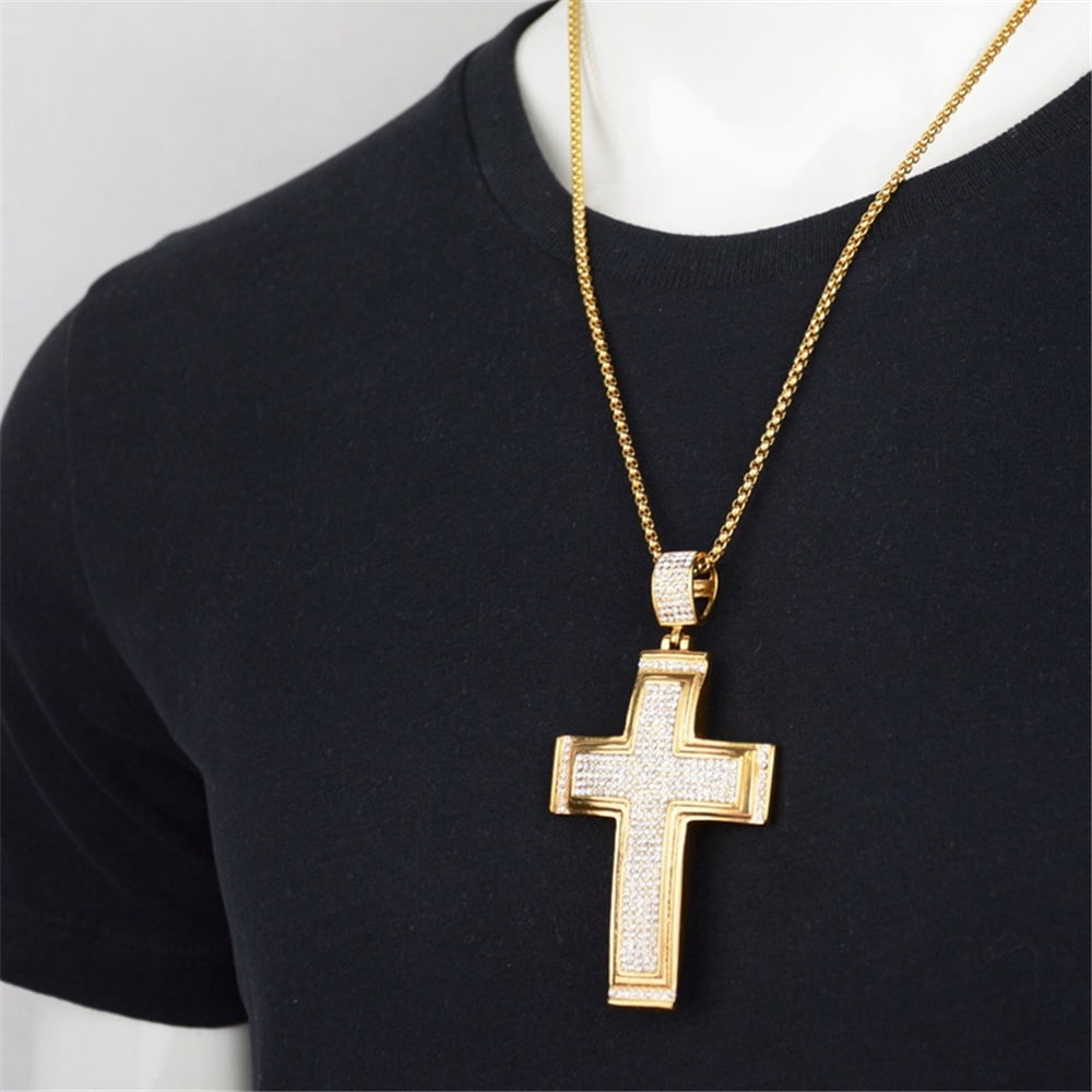 Hip Hop Iced Out Jesus Big Cross Pendant Necklaces Male 14K Yellow Gold ...