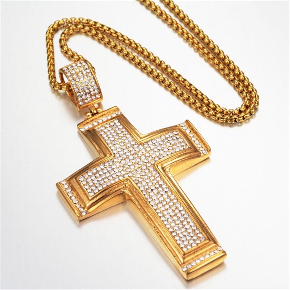 Hip Hop Iced Out Jesus Big Cross Pendant Necklaces Male 14K Yellow Gold ...