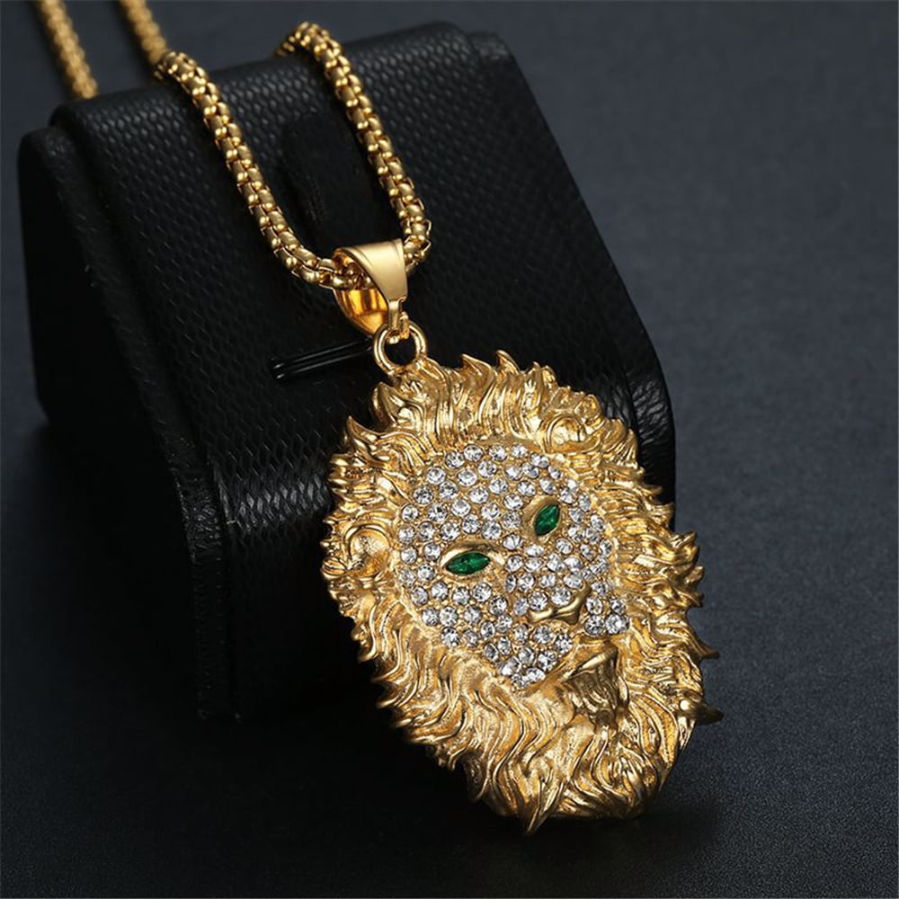 Hip Hop Iced Out Lion Head Pendant Necklace 14K Yellow Gold Chains For ...
