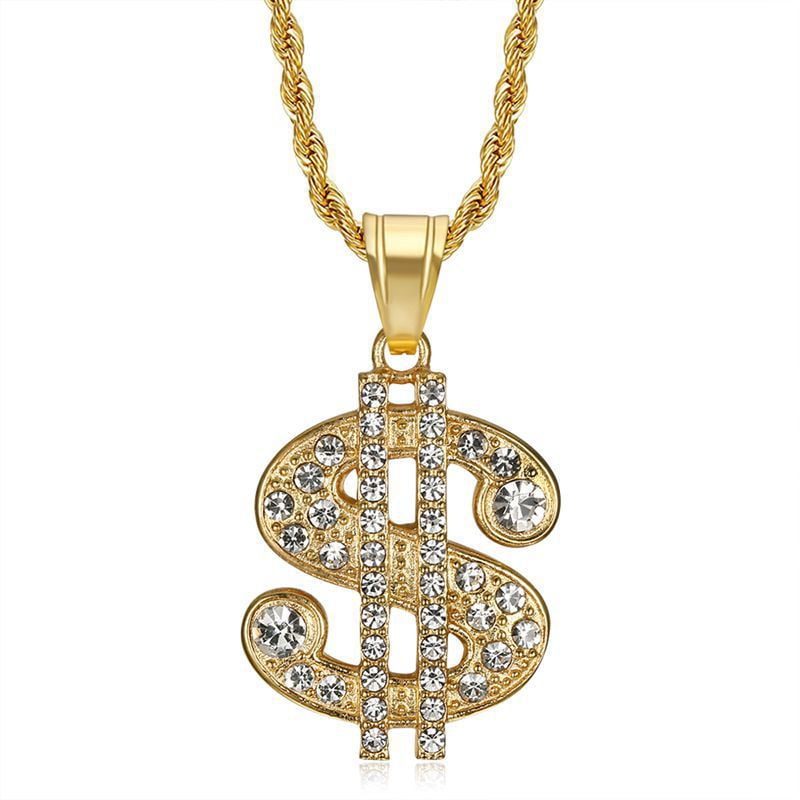 Hip Hop Iced Out Money Dollar Sign Pendant Necklace 14K Yellow Gold ...