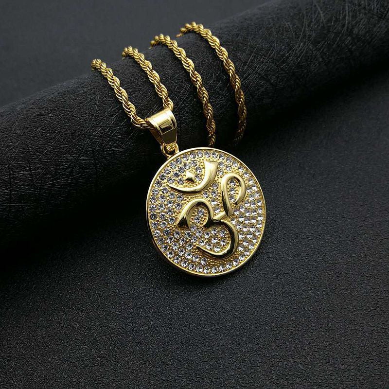 Hip Hop Iced Out Round Indian Yoga 14K Yellow Gold Pendant Necklace OHM ...