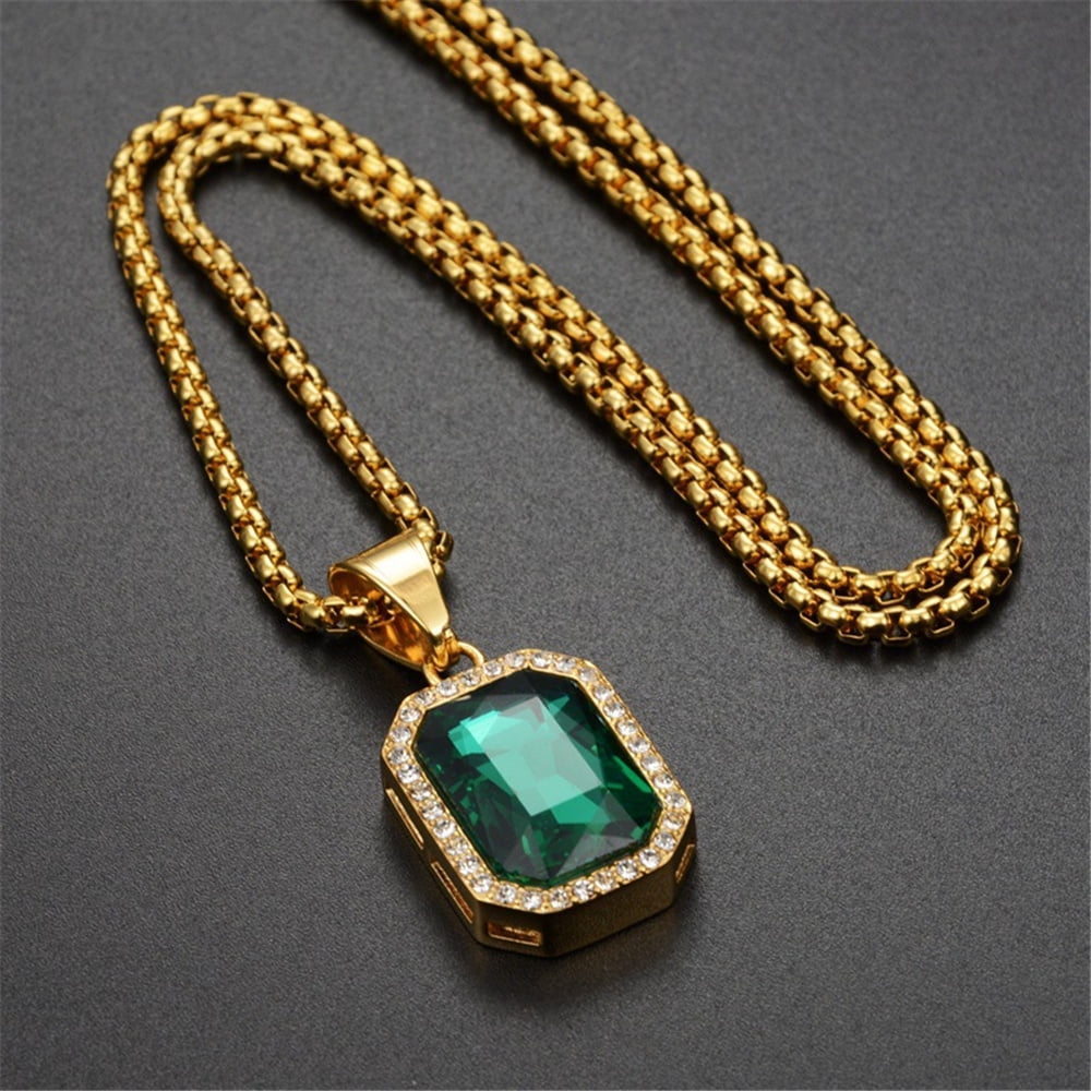 Hip Hop Iced Out Square Pendant Necklaces Male 14K Yellow Gold Chains For Men CZ Bling Jewelry ...