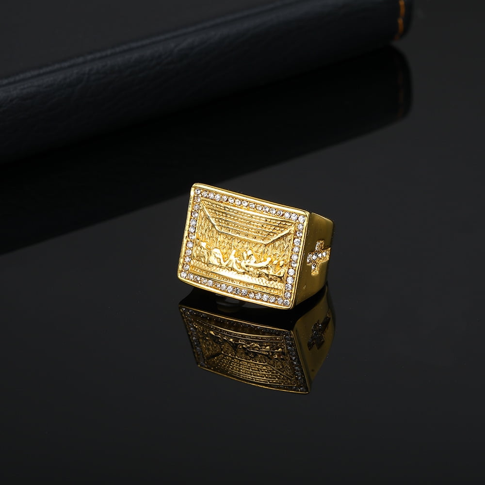 Hip Hop Iced Out The Last Supper Rings Male 14K Yellow Gold Big Square ...