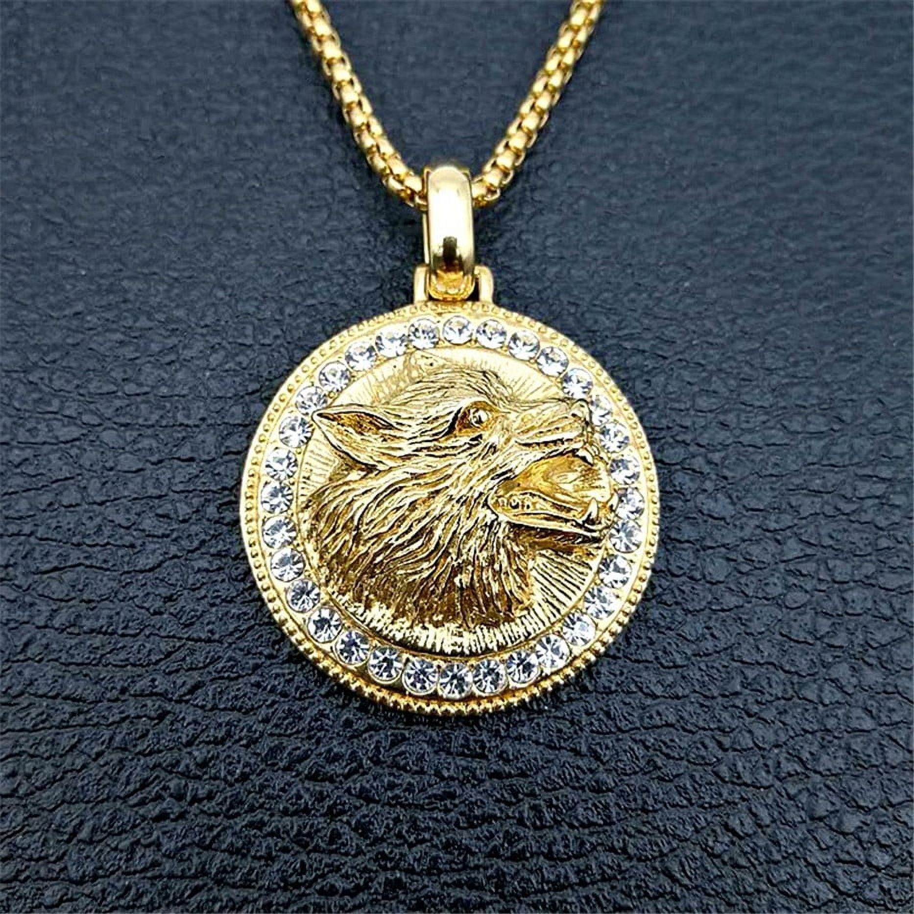 Hip Hop Iced Out Wolf Head Pendant Necklace For Men 14K Yellow Gold ...