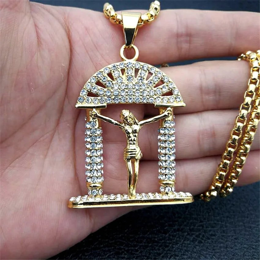 Hip Hop Jesus Christ Cross Pendant Necklac Iced Out Bling 14K Yellow ...