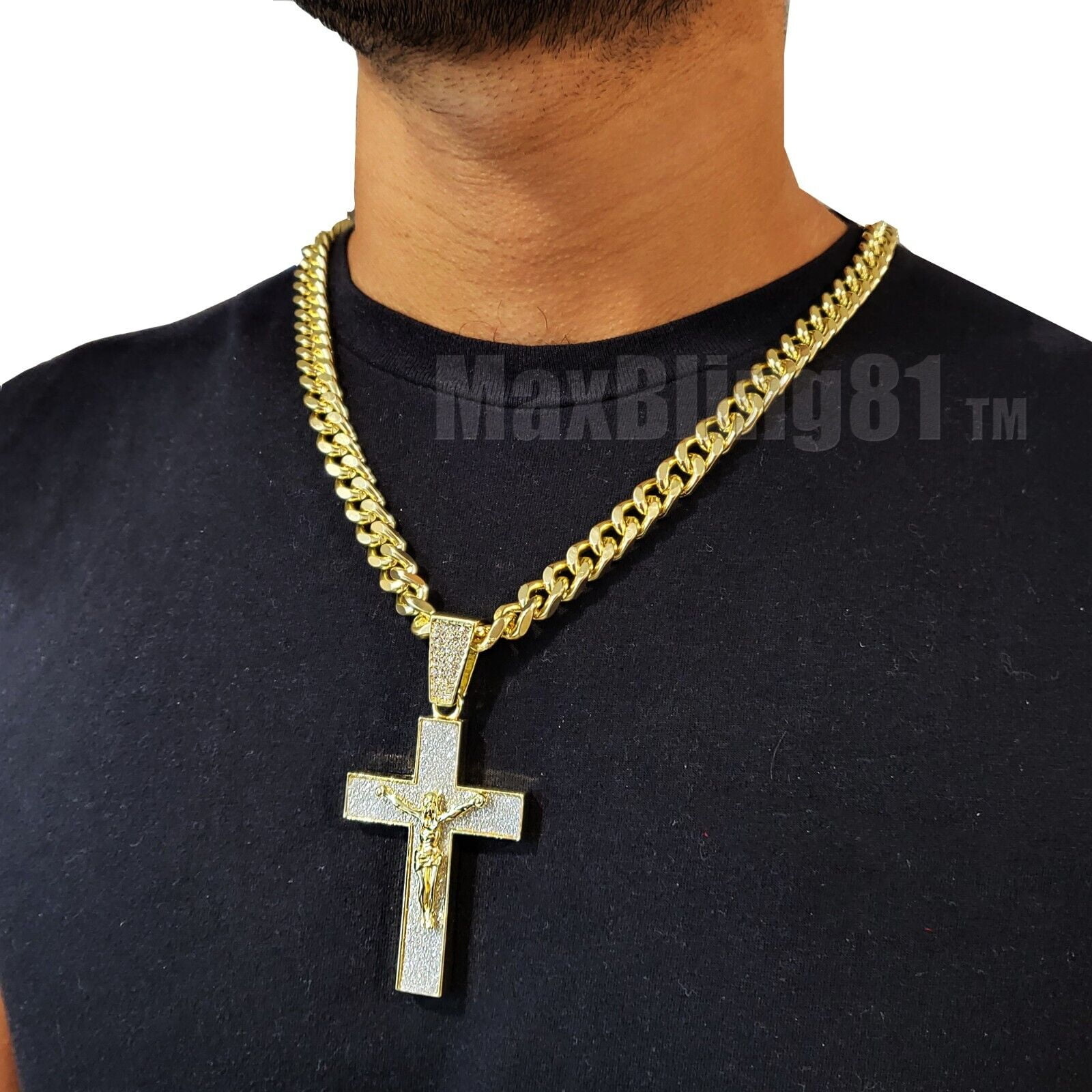 Hip Hop Jewelry Iced Large Gold Holy Cross Pendant & 10mm Cuban Chain ...