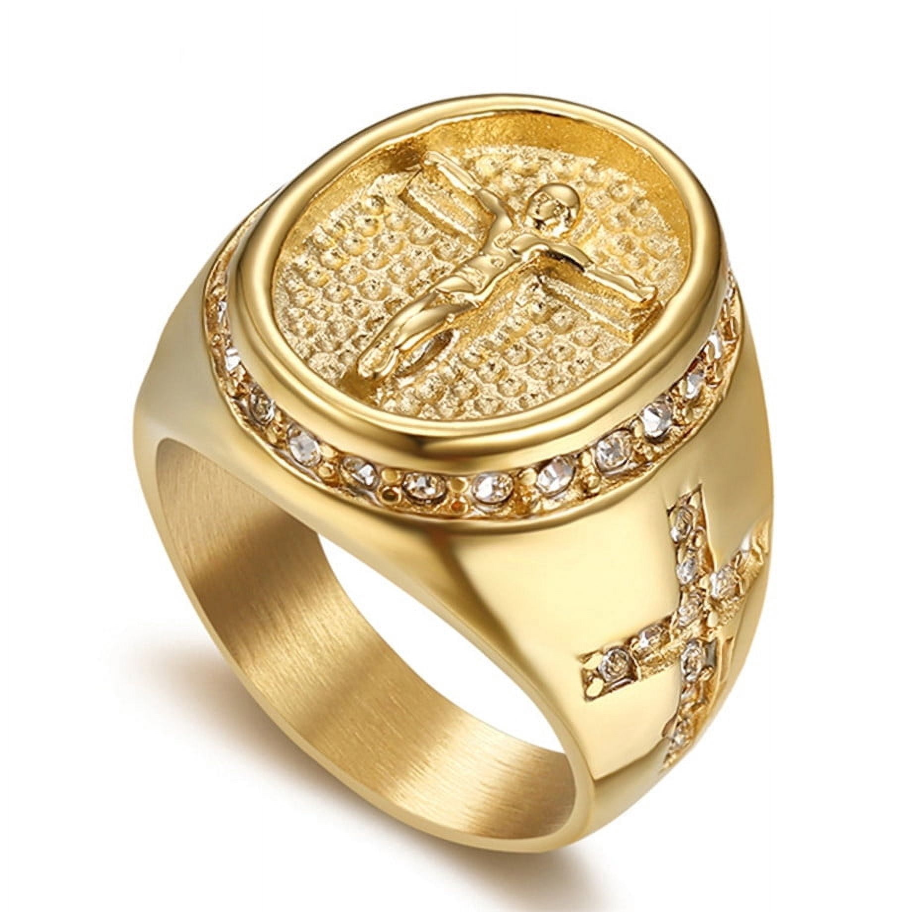 Hip Hop Jewelry Iced Out Jesus Cross Ring 14K Yellow Gold Rings For Men ...