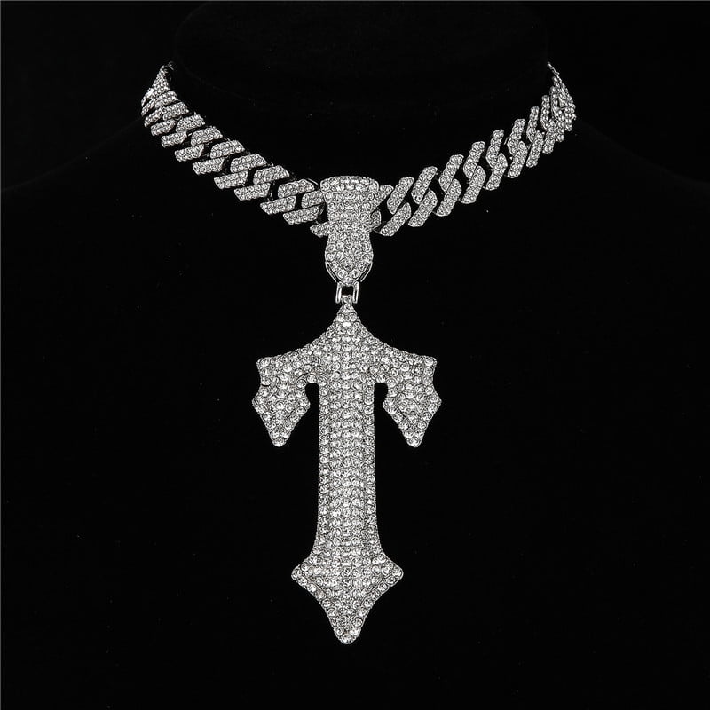 Hip Hop Letter Iced Out Cross Sword Necklaces with 13mm Cuban Chain ...