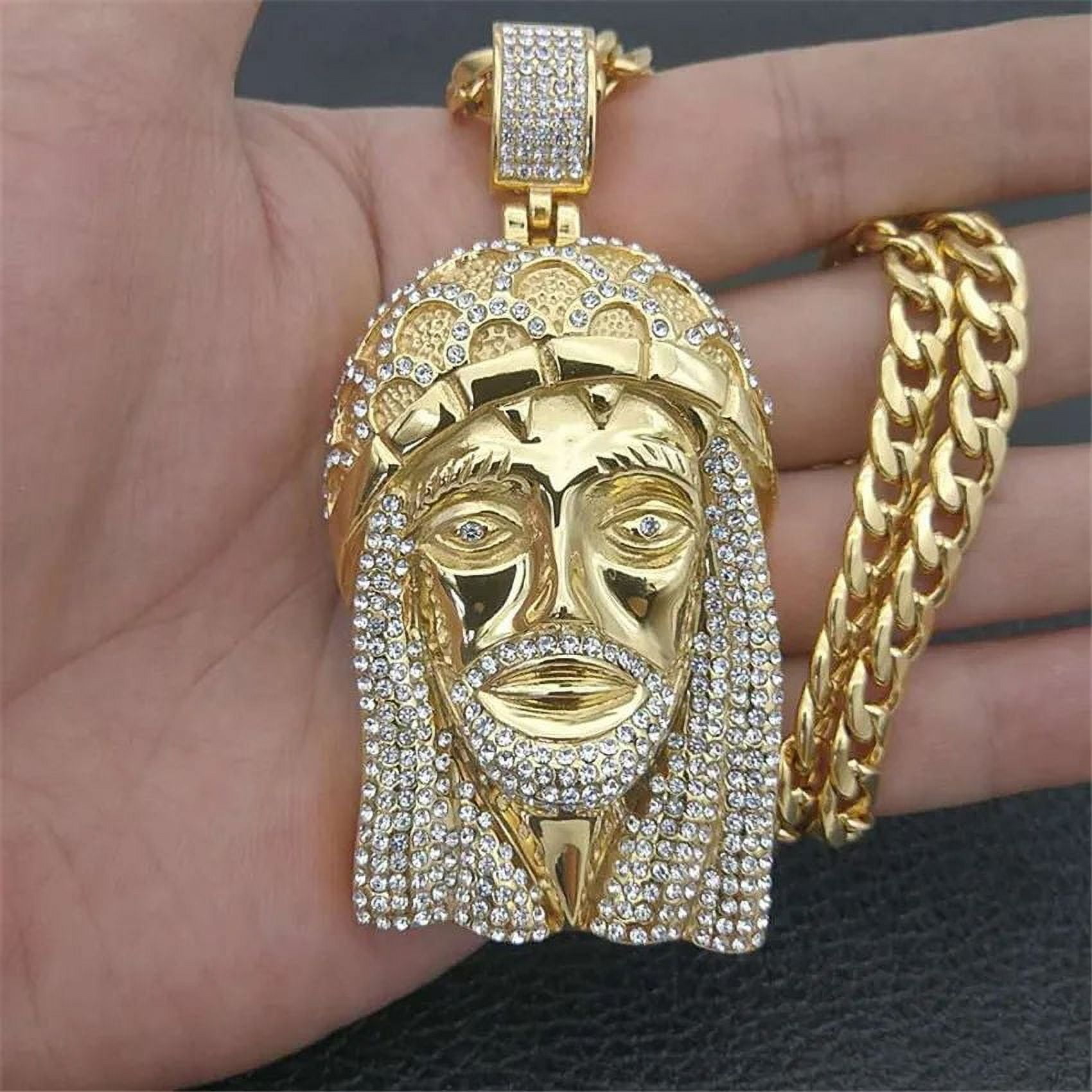 Hip Hop Men Golden Iced Out Bling Rhinestone 14K Yellow Gold Big Jesus ...