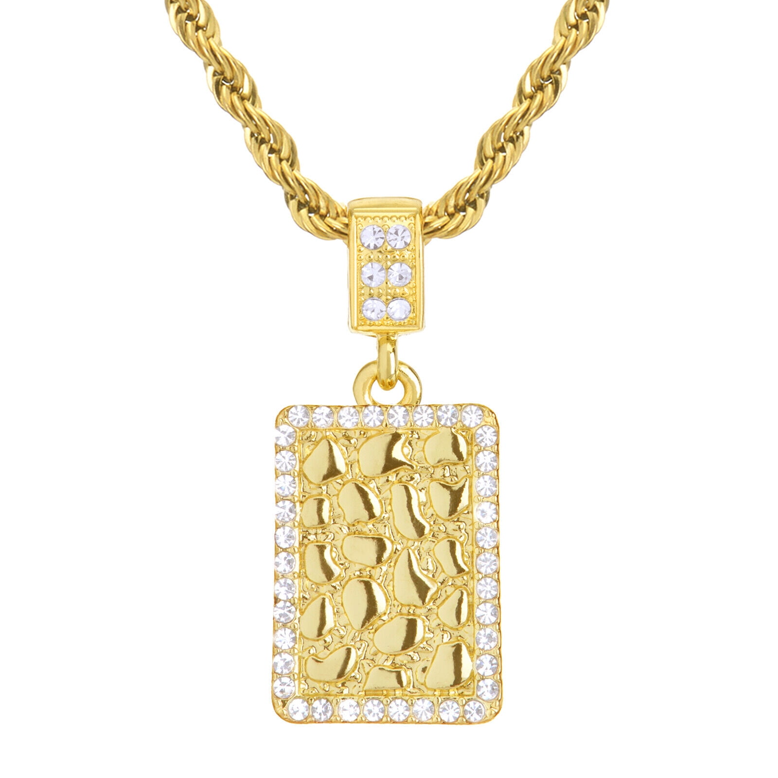 Hip Hop Men's 14K Gold Plated Iced Nugget Dog Tag Pendant Chain 20 inch ...