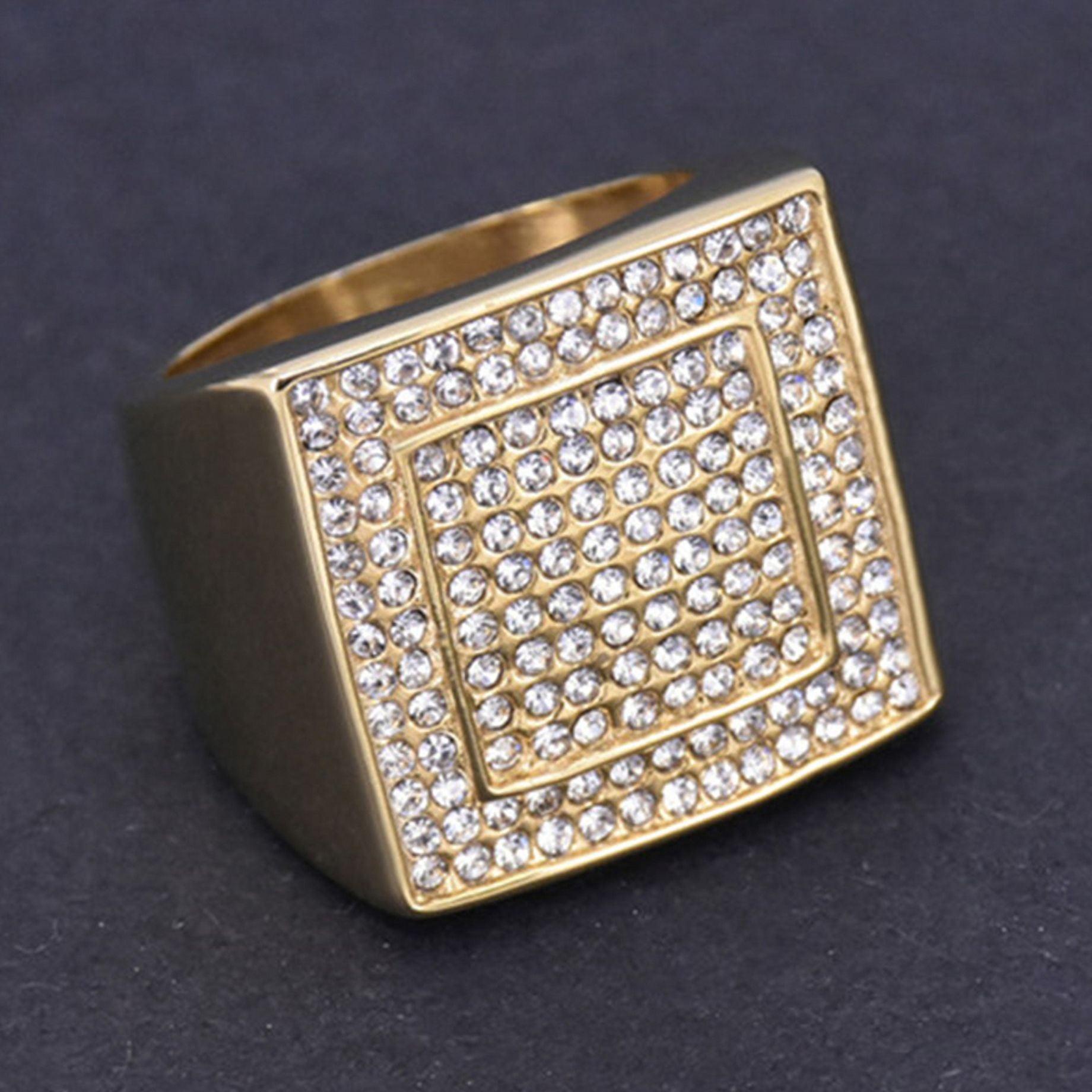 Hip Hop Men's Iced Out CZ Big Square Ring 14K Yellow Gold Cool Large ...