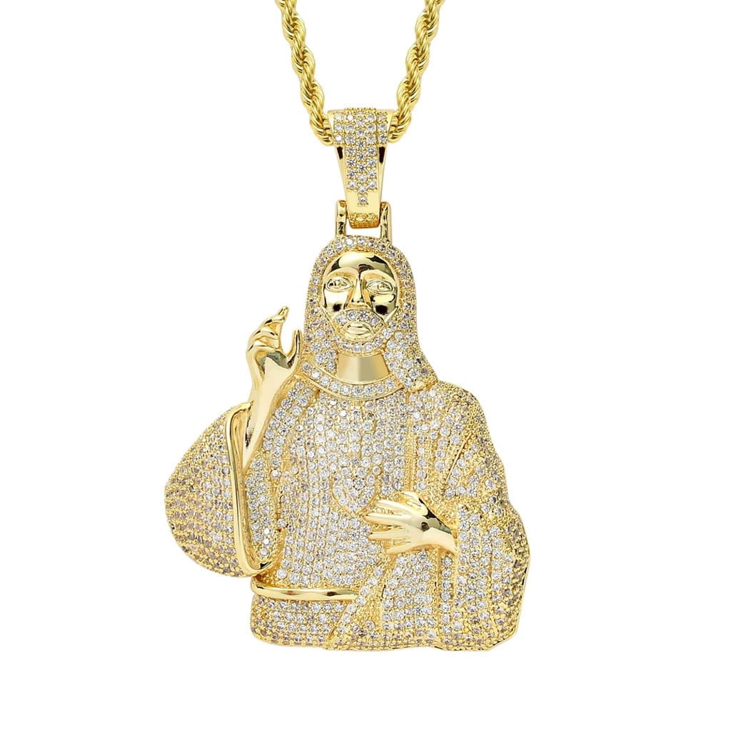 Hip Hop Micro Pave AAA Cubic Zirconia Bling Iced Out JESUS Piece 14K ...
