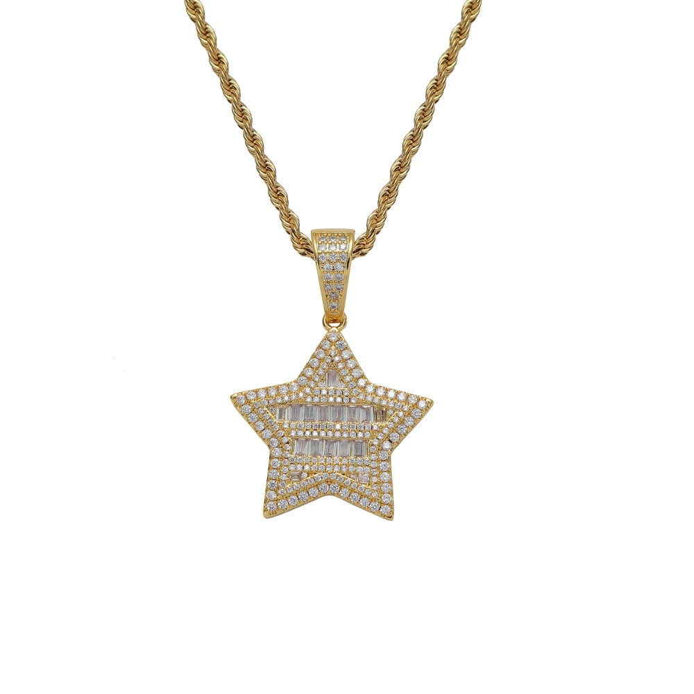 Hip Hop Pentagram Inlaid Zirconia 14K Yellow Gold Pendant Necklace for ...