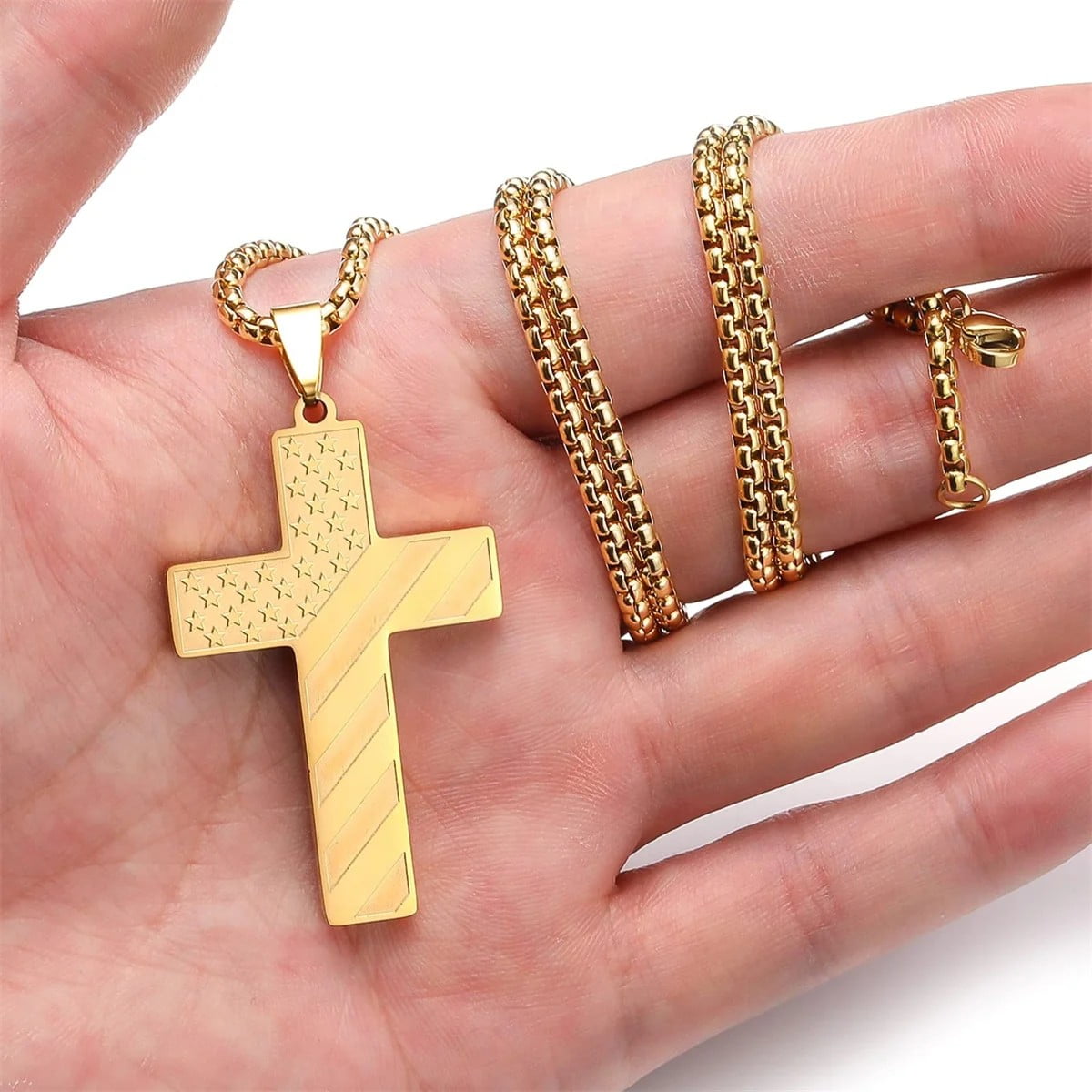 Hip Hop Punk American Flag Cross 14K Yellow Gold Pendant Necklace for ...
