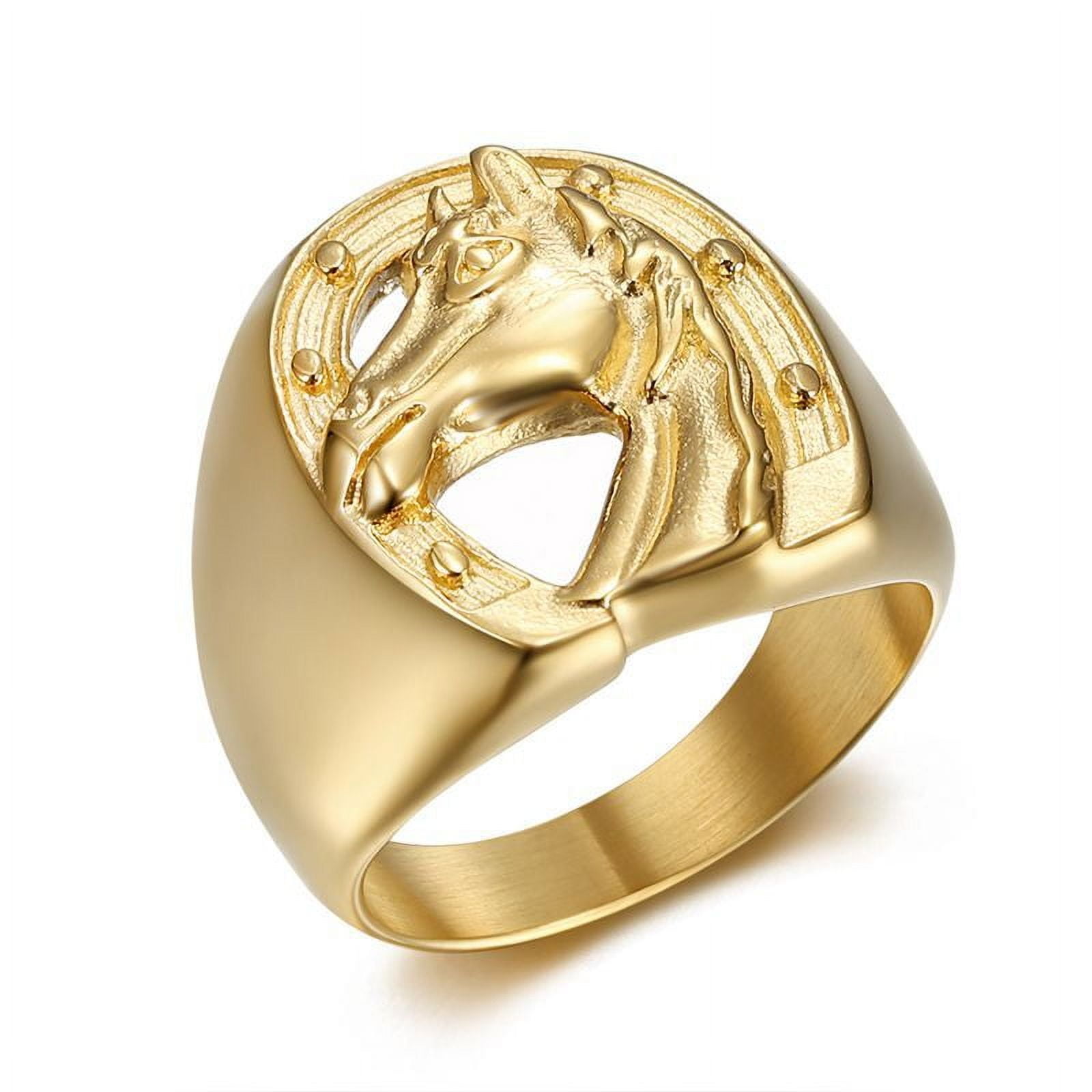 Hip Hop Punk Horseshoe Horse Head Rings For Men 14K Yellow Gold Male ...