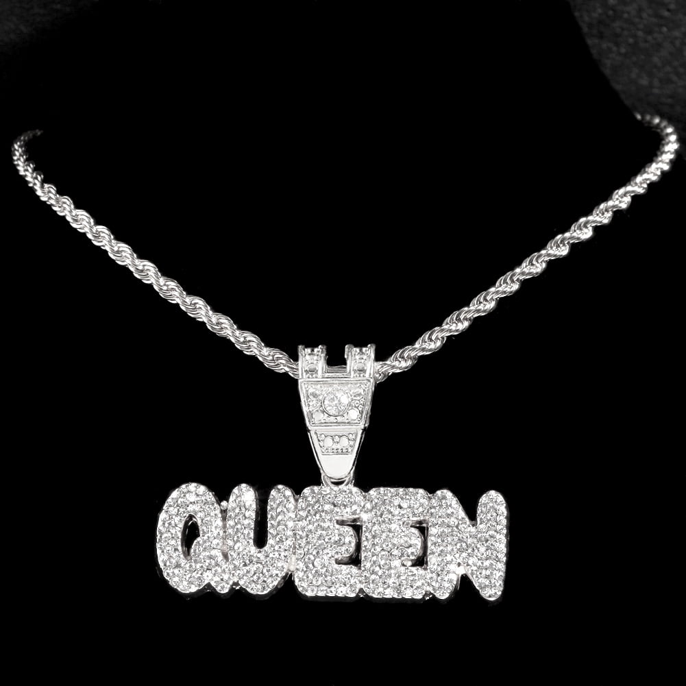 Hip Hop QUEEN Letter Crystal Pendant Necklace Women 13mm Miami Bling ...