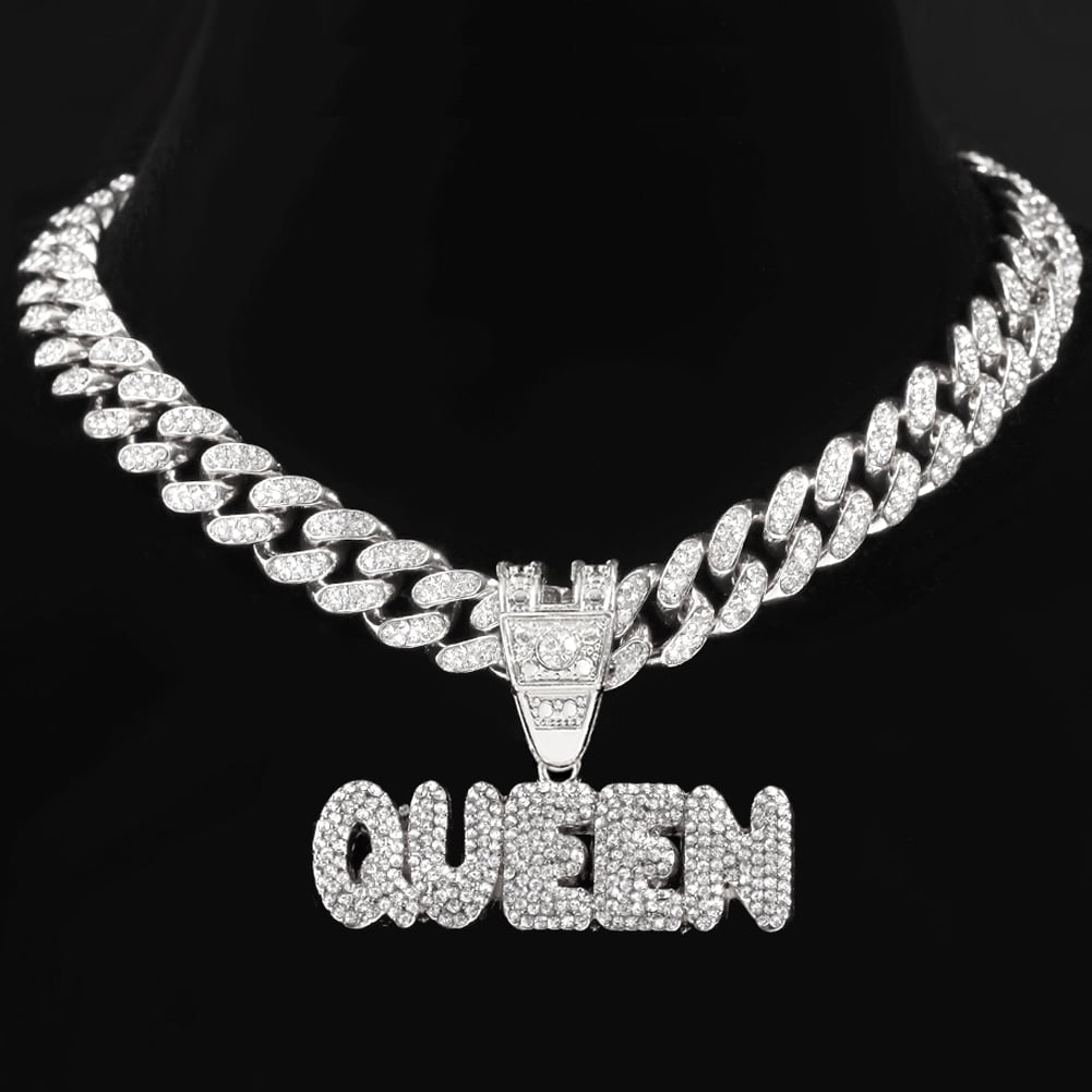 Hip Hop QUEEN Letter Crystal Pendant Necklace Women 13mm Miami Bling ...