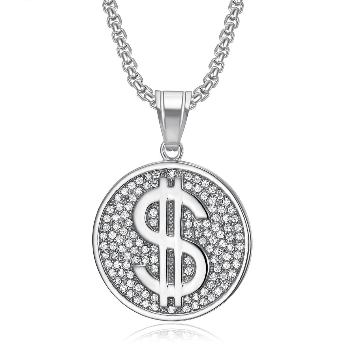 Hip Hop Rhinestones Bling Iced Out 14K Yellow Gold Dollar Sign Round ...