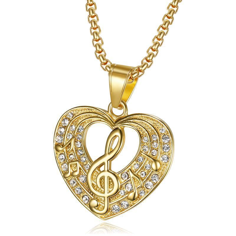 Hip Hop Rhinestones Bling Iced Out 14K Yellow Gold Musical Note Heart ...