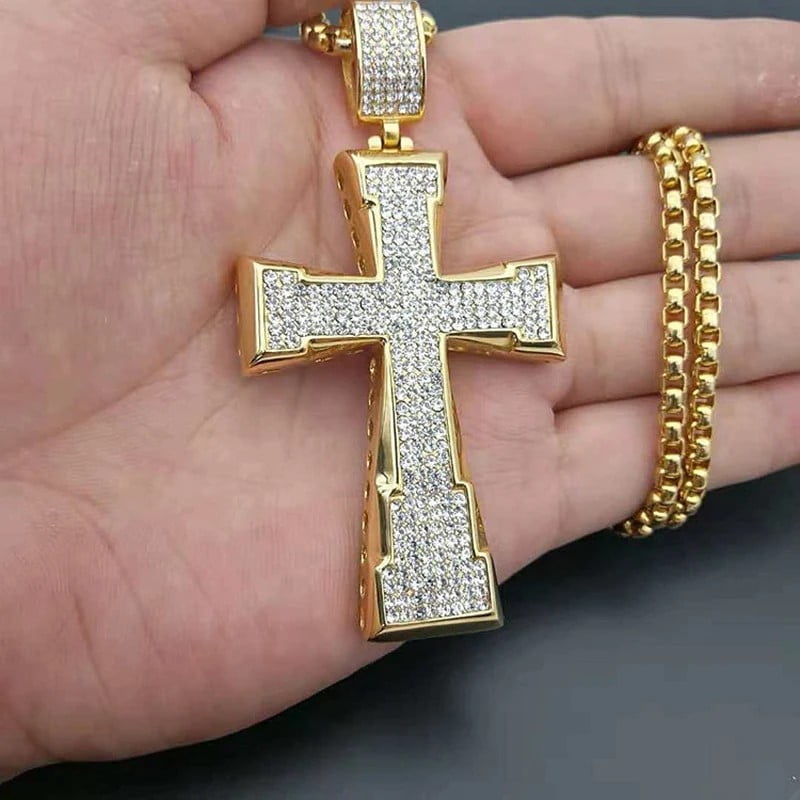 Hip Hop Rhinestones Paved Bling Iced Out 14K Yellow Gold Big Cross ...