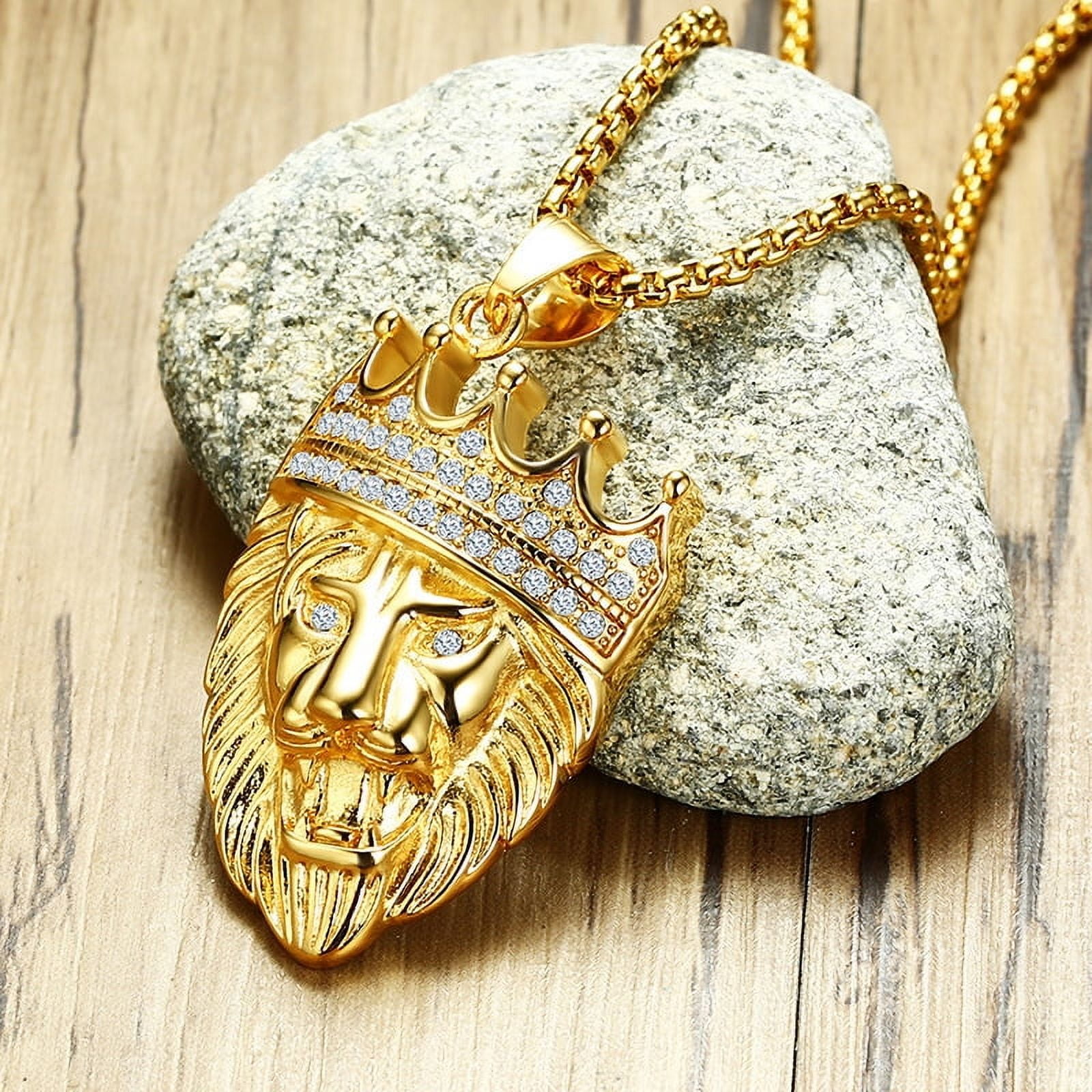 Hip Hop Rhinestones Paved Bling Iced Out 14K Yellow Gold Crown Lion ...