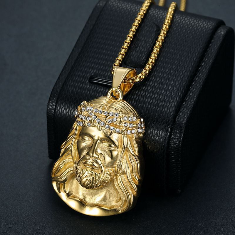 Hip Hop Rhinestones Paved Bling Iced Out 14K Yellow Gold JESUS PIECE ...