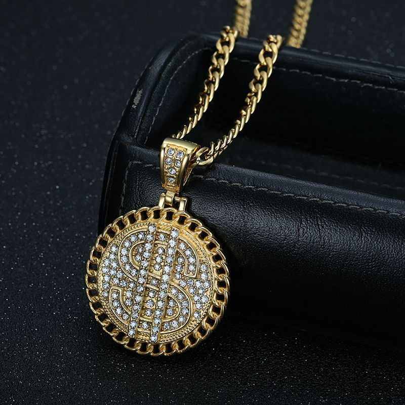 Hip Hop Rotatable US Dollar 14K Yellow Gold Pendant Necklace Men Ice ...