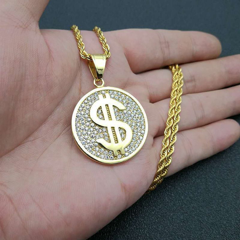 Hip Hop Rotatable US Dollar Pendant Necklace Men 14K Yellow Golden ...