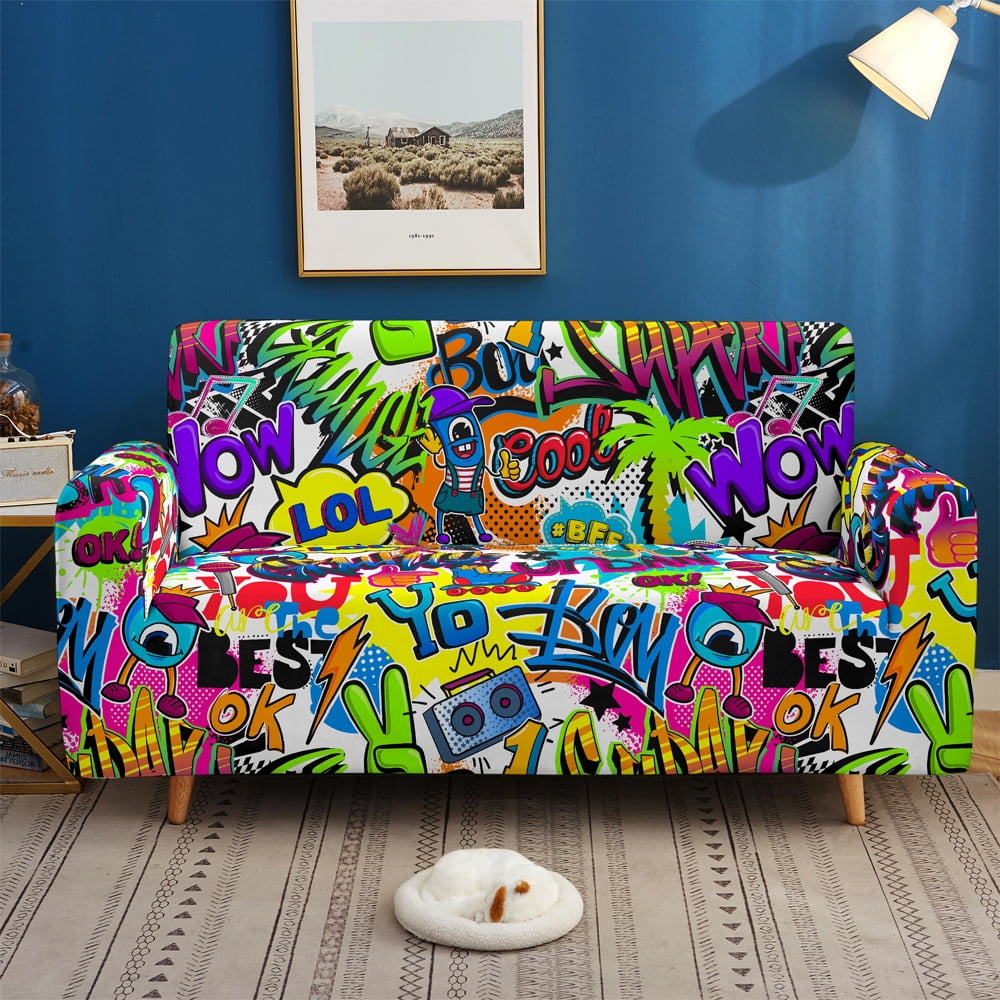 Hip Hop Sofa Cover Stretch Angle Printed Graffiti Elastic Couch Cover ...