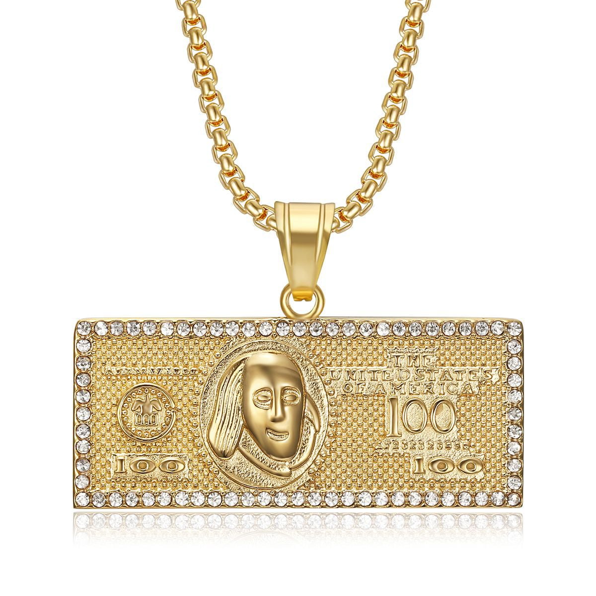 Hip Hop Sparkling Zircon 100 Dollar 14K Yellow Gold Pendant Necklace ...
