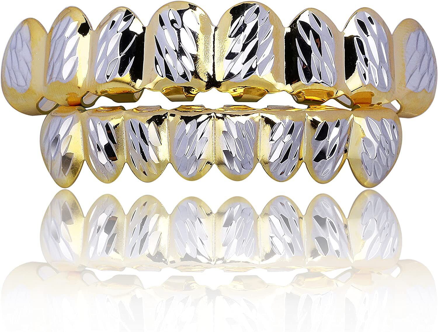 Hip Hop Two Tone Brass Rapper's Bling Teeth Diamond Cut Grillz Top ...