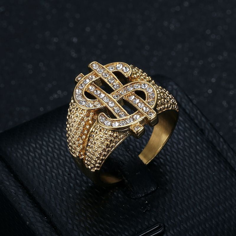 Hip Hop US Dollar Money Sign Rich Bling Iced Out Punk 14K Yellow Gold ...